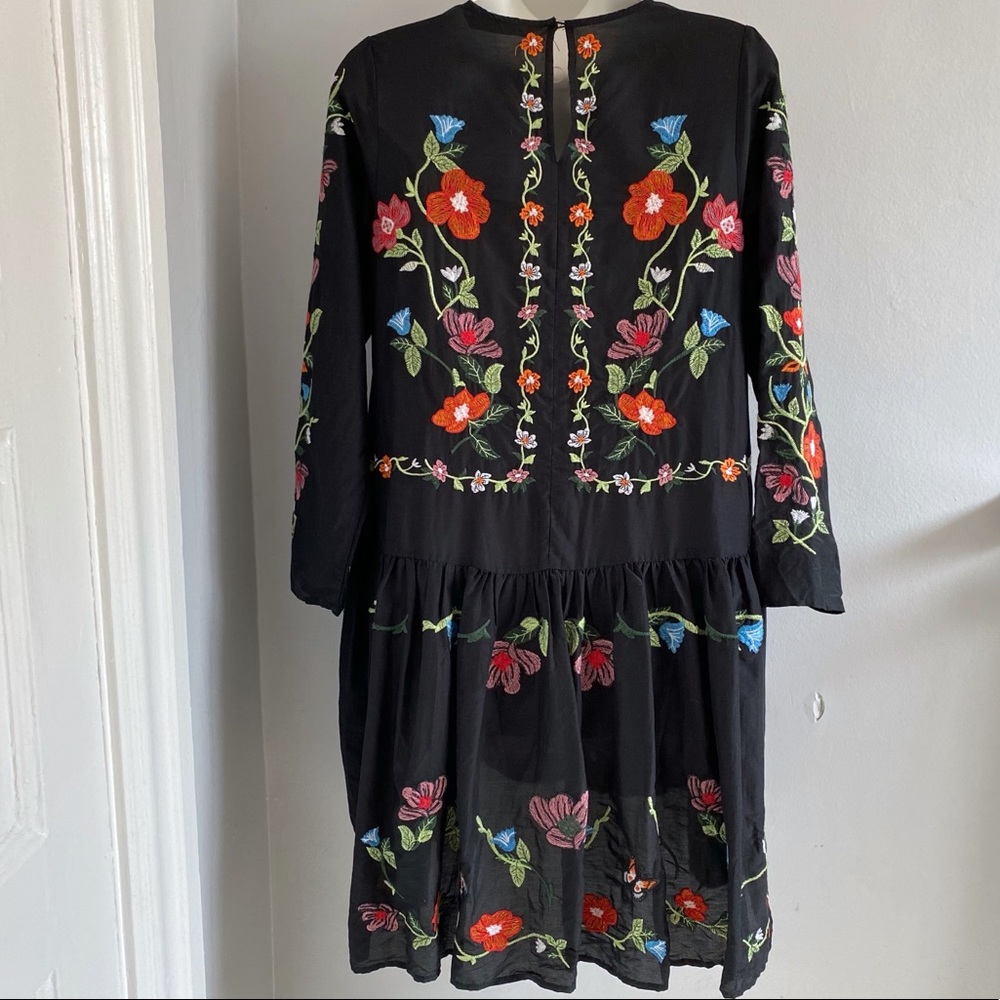Zara Floral Embroidery Ls Babydoll Dress Black Xs - Gem
